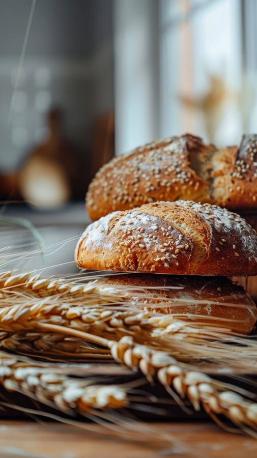 Freshly Baked Sesame Bread on a Rustic Table with Wheat Stalks Stock ...