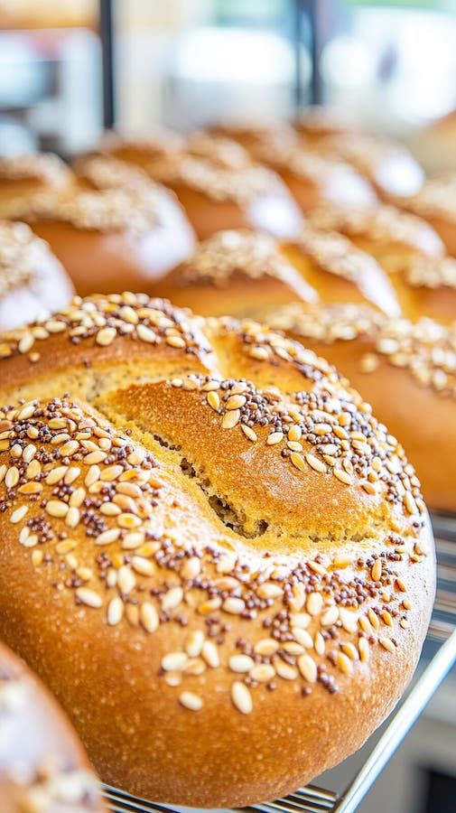 Freshly Baked Sesame Seed Bagels in Bakery Display Stock Photo - Image ...