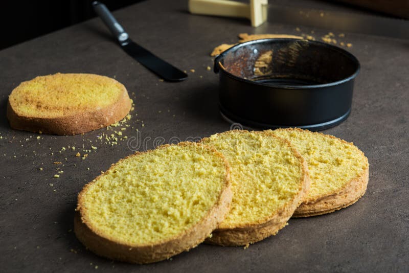 Freshly Baked Sponge Cake Cut into Four Layers, with Cake Baking Form ...