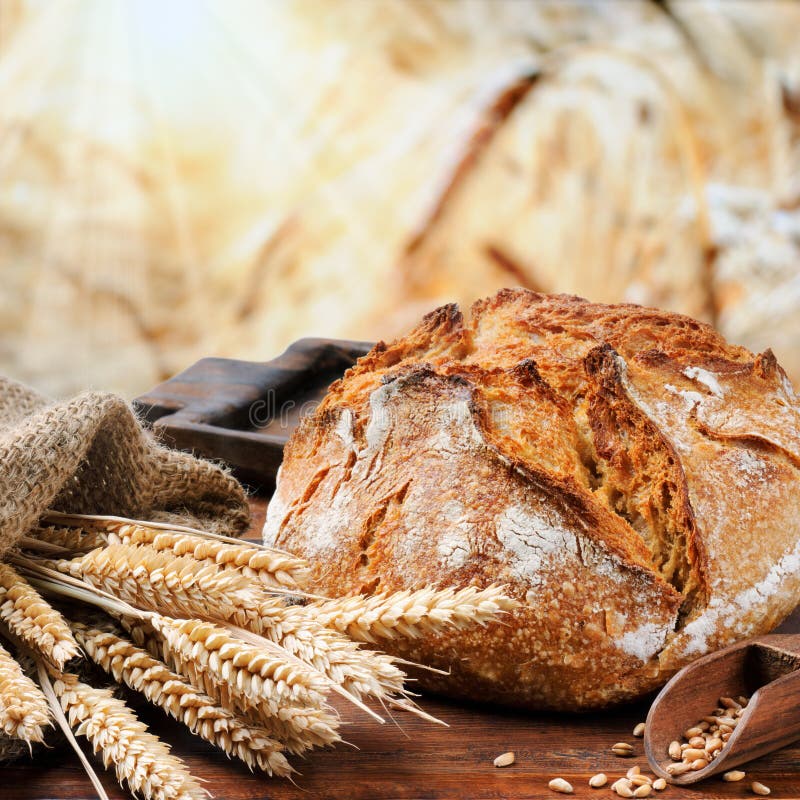 Freshly Baked Traditional Bread with Wheat Field on Background Stock ...