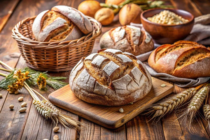 Freshly Baked Traditional Bread on Wooden Table for Rustic Dining Stock ...