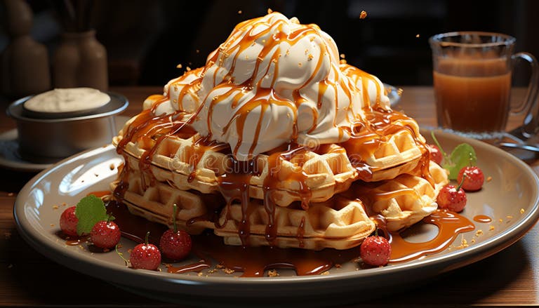 Freshly Baked Waffle Stack with Fruit, Syrup, and Whipped Cream ...