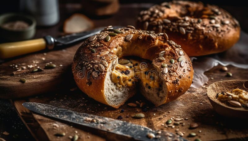 Freshly Baked Whole Wheat Bagel, a Rustic Gourmet Snack Generated by AI ...