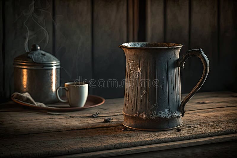 A Freshly Brewed Cup of Coffee, in an Iron Mug, on a Rustic Wooden ...