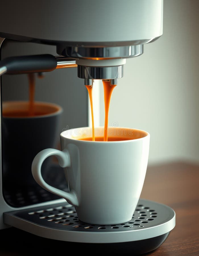 Freshly Brewed Espresso Flows into a White Cup from a Modern Coffee ...