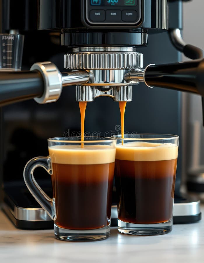 Freshly Brewed Espresso Pours into Two Clear Glasses from a Modern ...