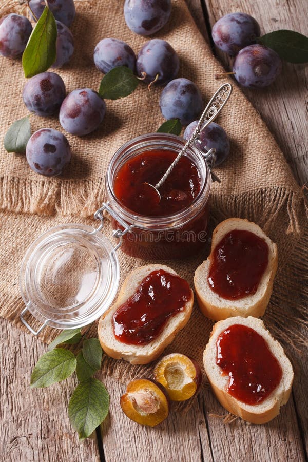 Freshly Brewed Plum Jam and Toast Close-up. Vertical Top View Stock ...