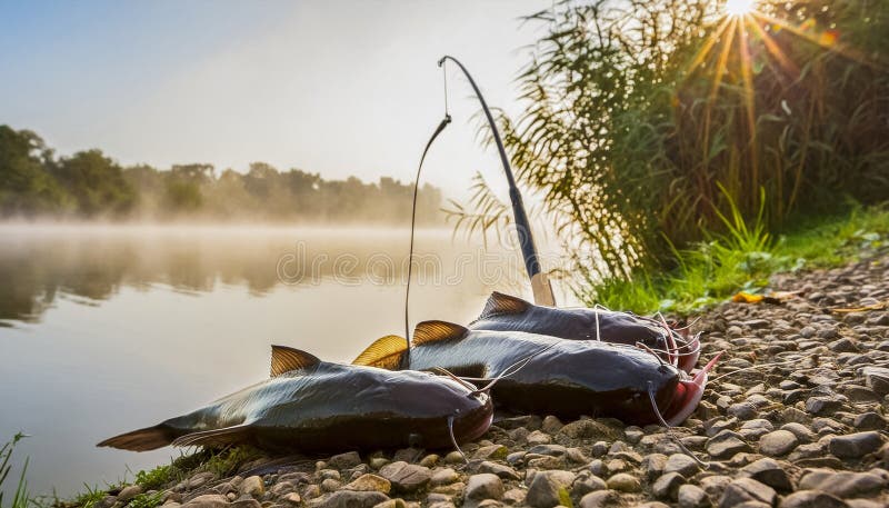 Freshly Caught Catfish on a Misty Riverside Stock Illustration ...