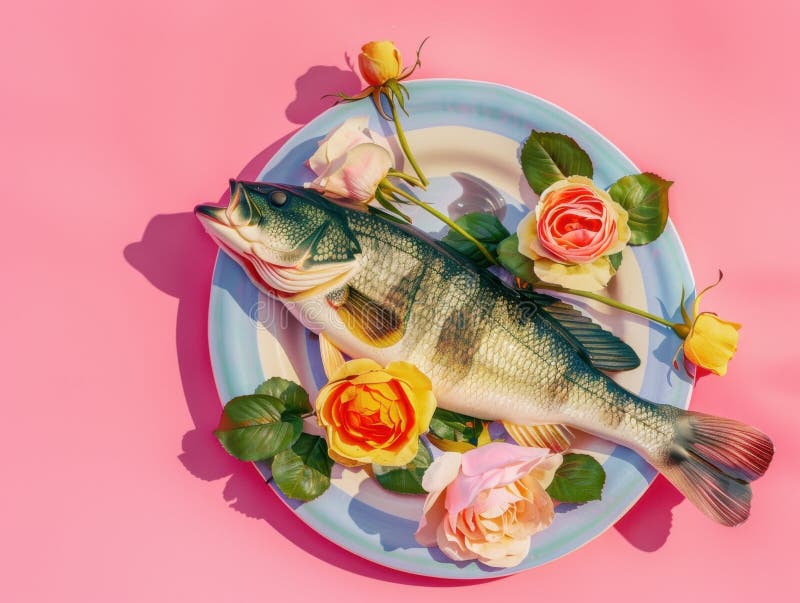 Fish on a Plate with Flowers Stock Image - Image of setting, meal ...