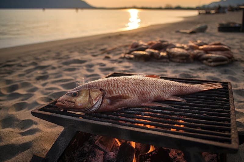Freshly Caught Fish with Grill Marks on Beach Bbq Stock Illustration ...