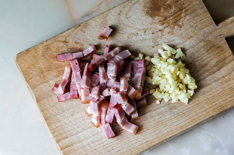 Freshly Chopped Garlic and Bacon Stock Photo - Image of culinary ...