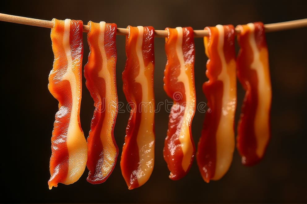 Freshly Cooked Bacon Strips Hang from a Traditional Clothesline, Ready ...