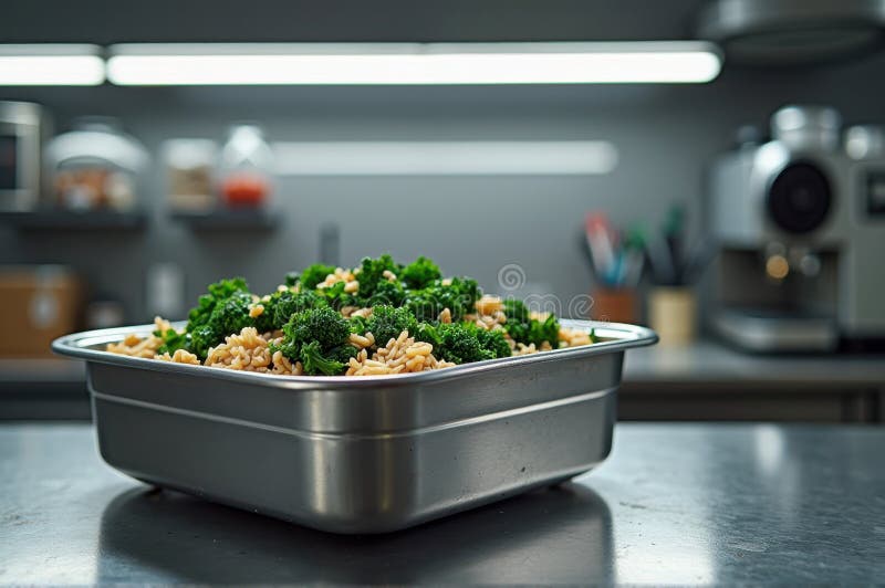 Freshly Cooked Broccoli and Rice in Stainless Steel Tray on Kitchen ...