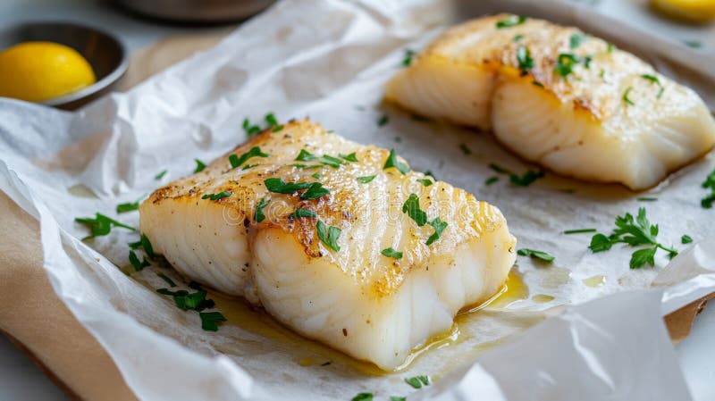 Freshly Cooked Cod Fillets Garnished with Herbs and Lemon in a Cozy ...
