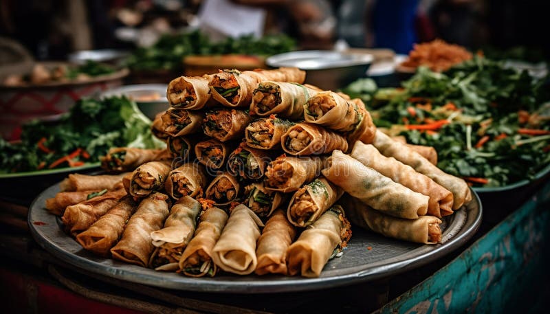 Freshly Cooked Gourmet Meal Chinese Spring Rolls with Pork and ...