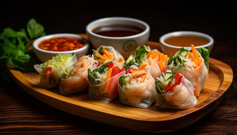 Freshly Cooked Gourmet Spring Rolls on a Rustic Wooden Plate Generated ...