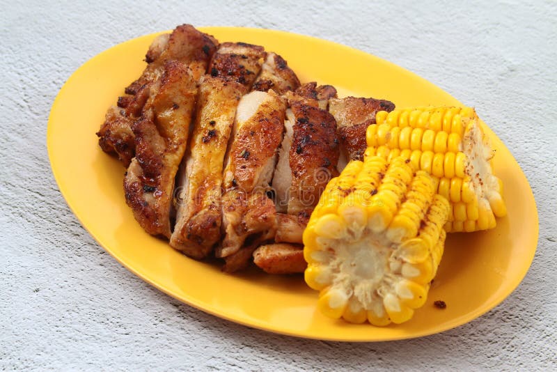 Freshly Cooked Grilled Chicken Served with Corn Stock Photo - Image of ...