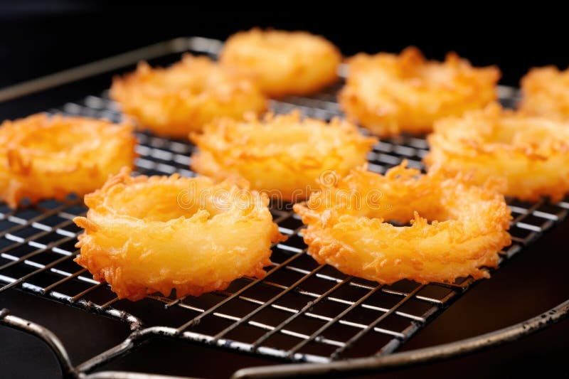 Freshly Cooked Onion Rings Cooling on Wire Rack Stock Photo - Image of ...