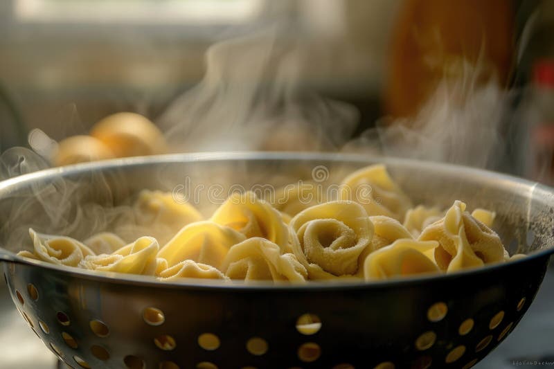 Freshly Cooked Pasta Being Drained in a Colander on a Stovetop Stock ...