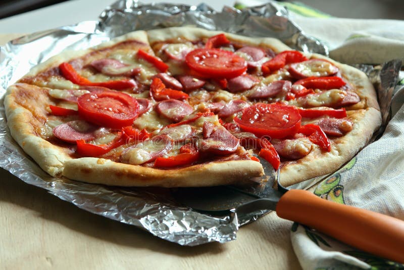 Freshly cooked pizza. stock photo. Image of bacon, refreshment - 77974220