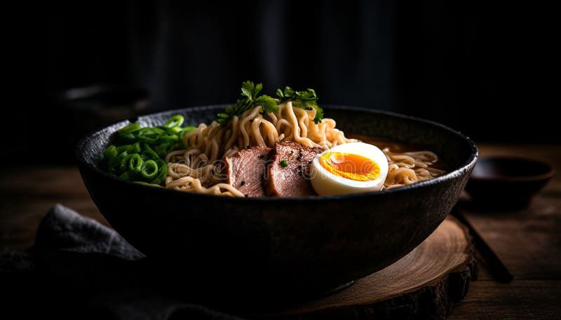Freshly Cooked Pork Ramen Soup in Rustic Wooden Bowl Generated by AI ...