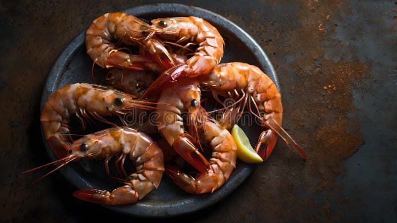 Freshly Cooked Prawns on a Rustic Metal Surface Stock Illustration ...