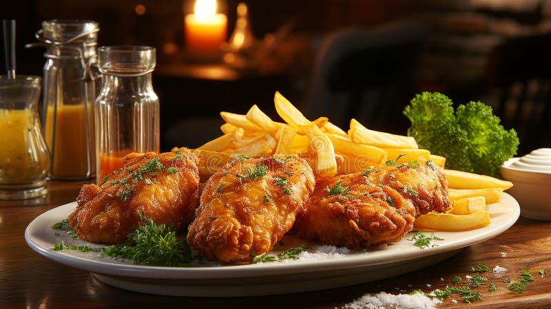 Freshly Cooked Pub Food on Rustic Table with Fried Chicken Stock Photo ...