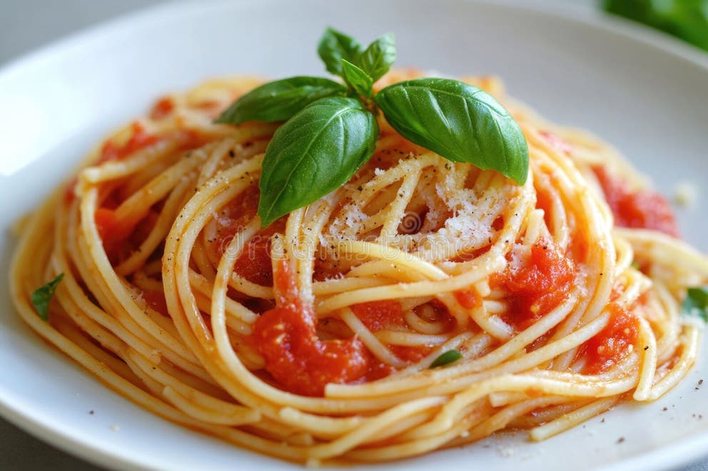 Freshly Cooked Spaghetti with a Single Basil Leaf on Top, Ready for ...