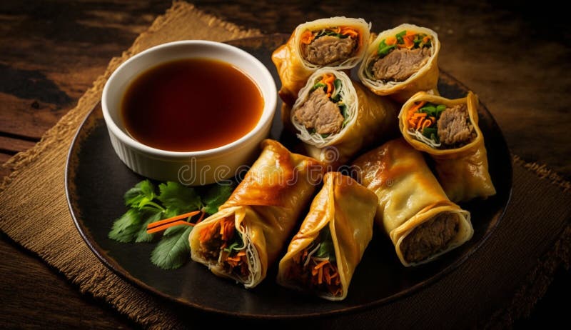 Freshly Cooked Spring Rolls Served on a Plate ,generative AI Stock ...