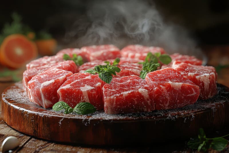 Freshly Cut Beef Steaks Arranged on a Wooden Platter with Herbs ...