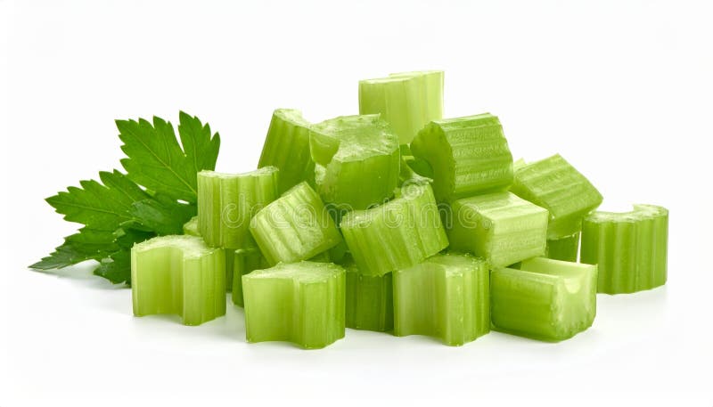 Freshly Cut Celery Cubes with Vibrant Green Leaf on White Background ...