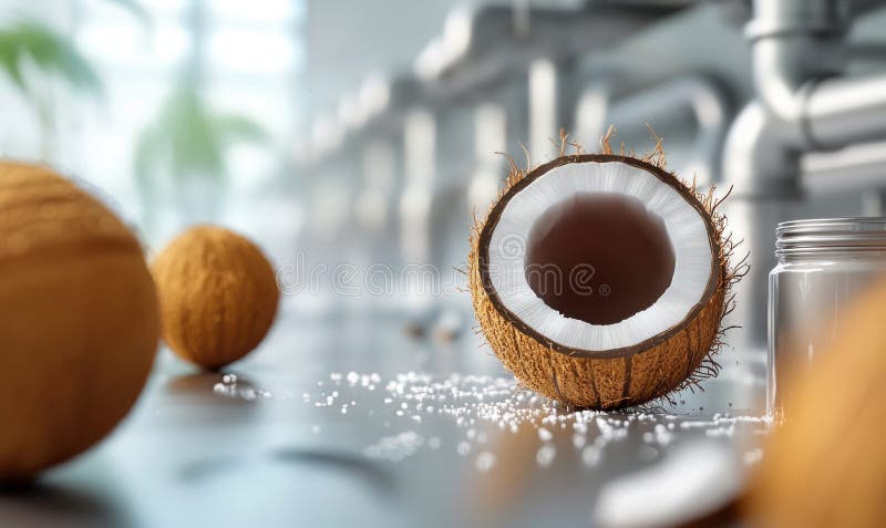 A Freshly Cut Coconut Displays Its Interior, Resting Near Other Whole ...