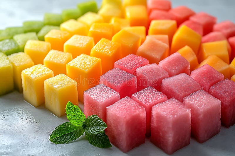 Freshly Cut Colorful Cubed Fruits Cascade on Textured Surface with Mint ...