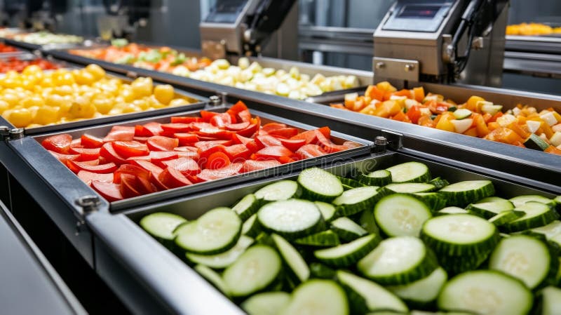 Freshly Cut Colorful Vegetables on a Production Line in a Modern Food ...