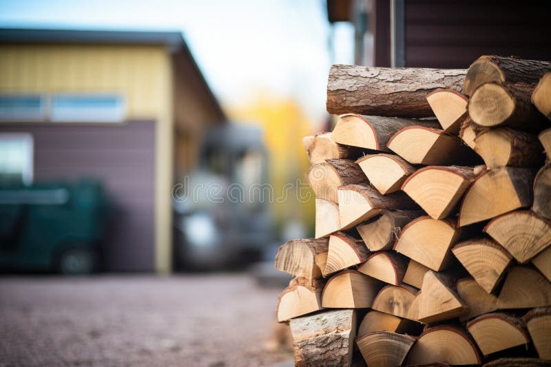 Freshly Cut Firewood Stack by a Log Cabin Stock Photo - Image of lumber ...