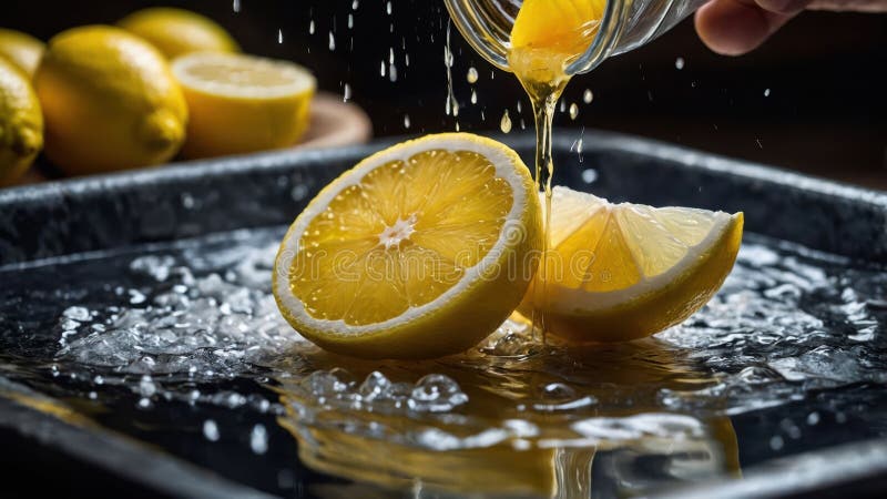 Freshly Cut Lemons with Juice Pouring Onto a Reflective Surface Stock ...