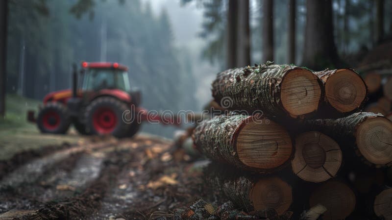 Freshly Cut Logs Stack in Forest with Distant Tractor, Realistic Nature ...