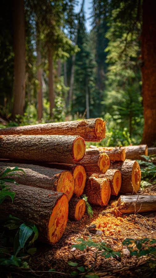 Freshly Cut Logs Stacked in a Forest with Sunlight Filtering through ...