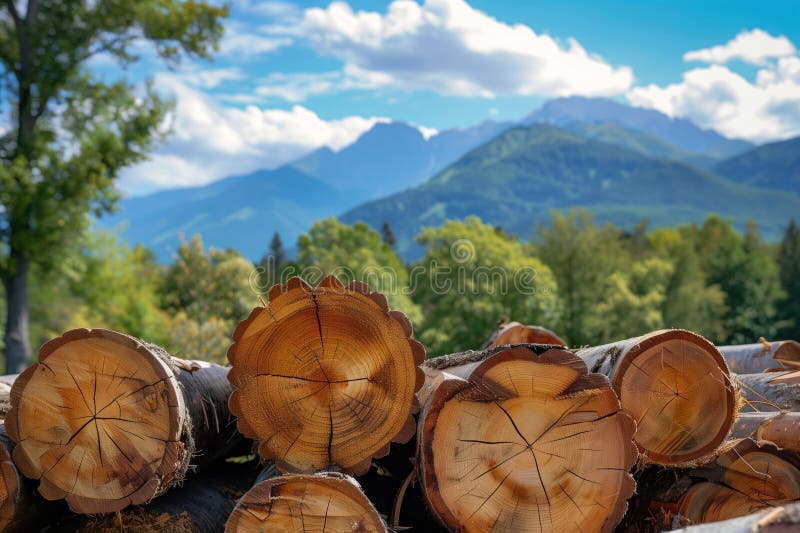 Freshly Cut Logs Stacked with a Scenic Mountain Range and Forest in the ...