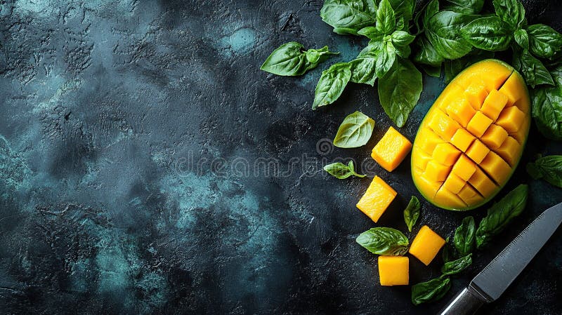 Freshly Cut Mango with Basil Leaves on Dark Background Stock ...