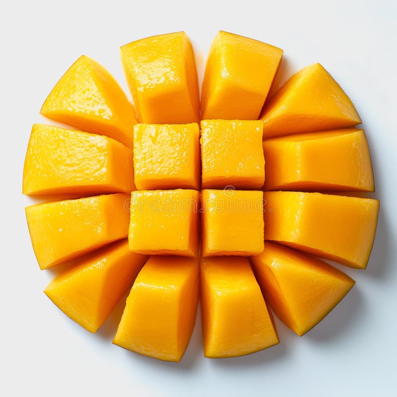 Freshly Cut Mango Cubes Arranged in a Circular Pattern on a Light ...
