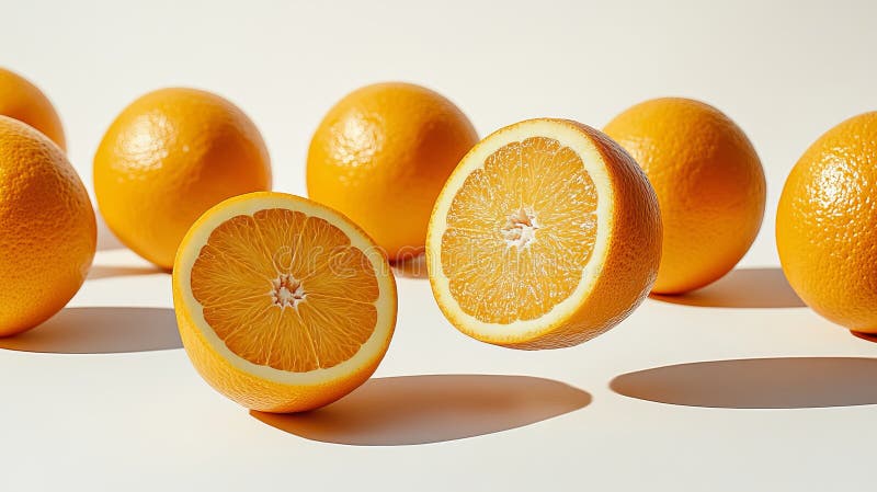 Freshly Cut Orange Falling Gracefully, Surrounded by Whole Oranges, on White Background Stock ...