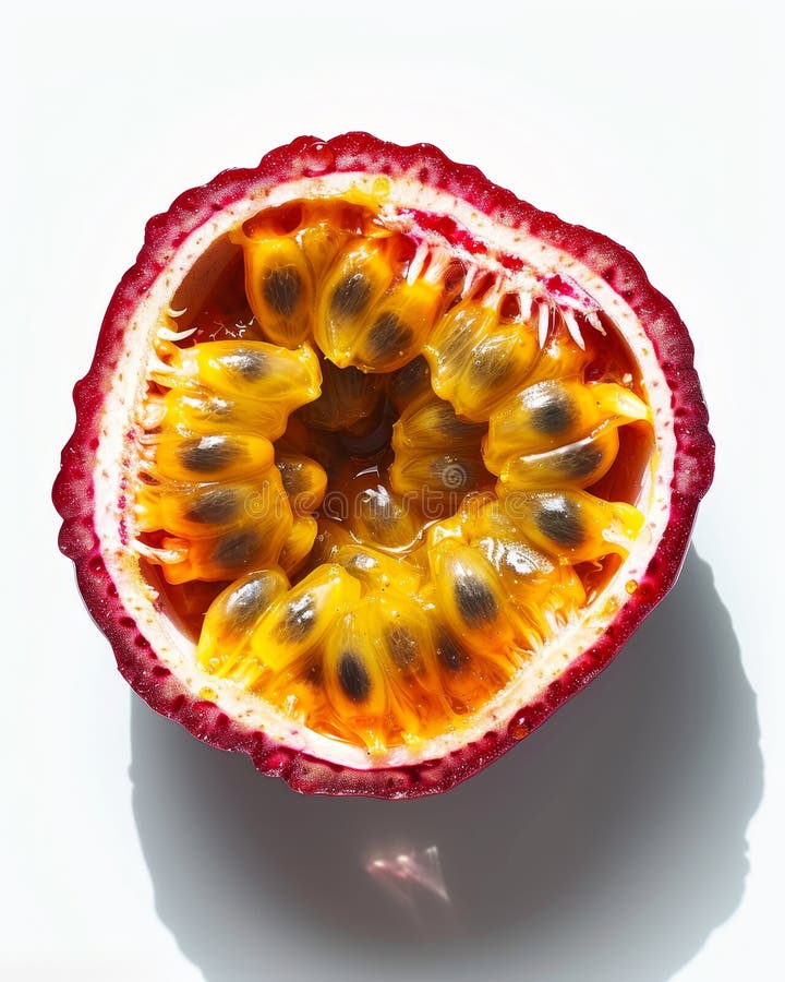 Freshly Cut Passion Fruit Showcasing Translucent Sacs and Golden Pulp ...