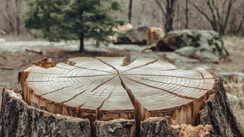Freshly Cut Tree Stump with Growth Rings in Forested Area with Mossy ...