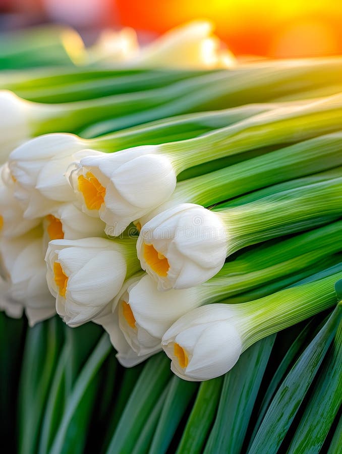 Freshly Cut White Daffodils with Long Green Stems in Golden Sunlight ...