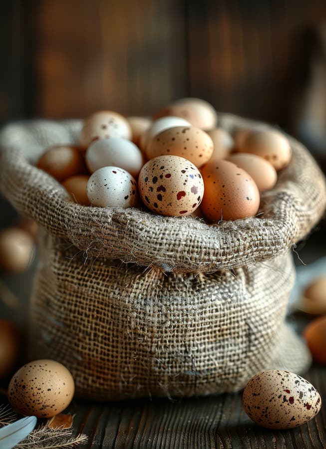 Freshly Gathered Eggs in a Rustic Burlap Sack Stock Image - Image of ...