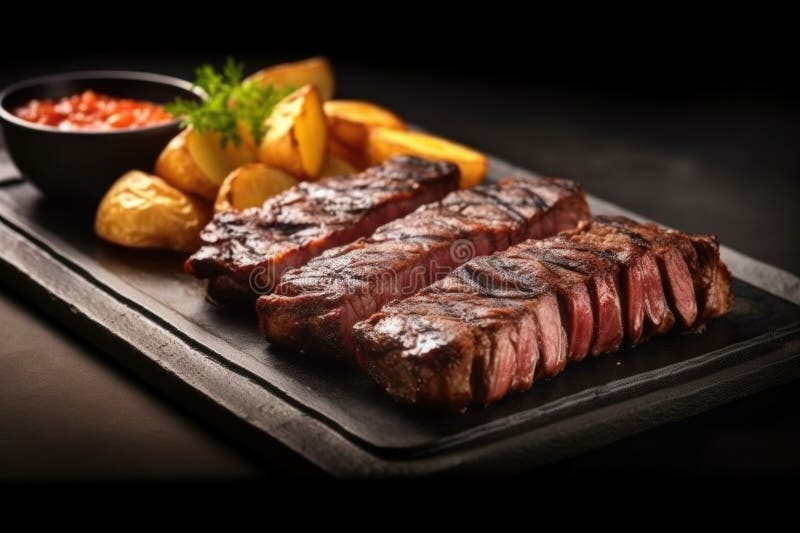 Freshly Grilled Bbq Beef Ribs on a Black Stone Platter Stock Image ...