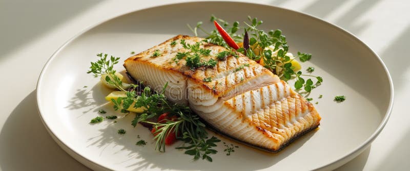 Freshly Grilled Fish Fillet with Herbs and Vegetables on Plate Stock ...