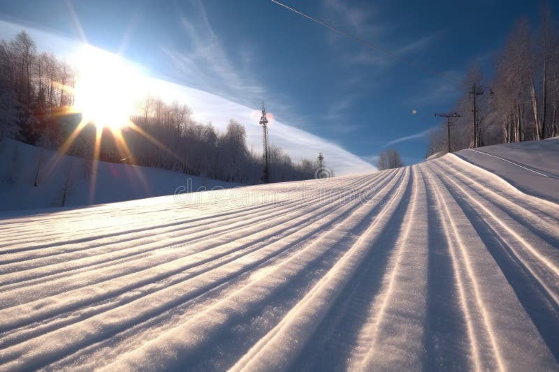 Freshly Groomed Ski Slope with Sun Flare Stock Illustration ...