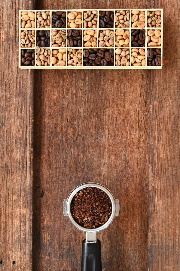 Freshly Ground Coffee Beans in a Metal Filter and Different Coffee ...